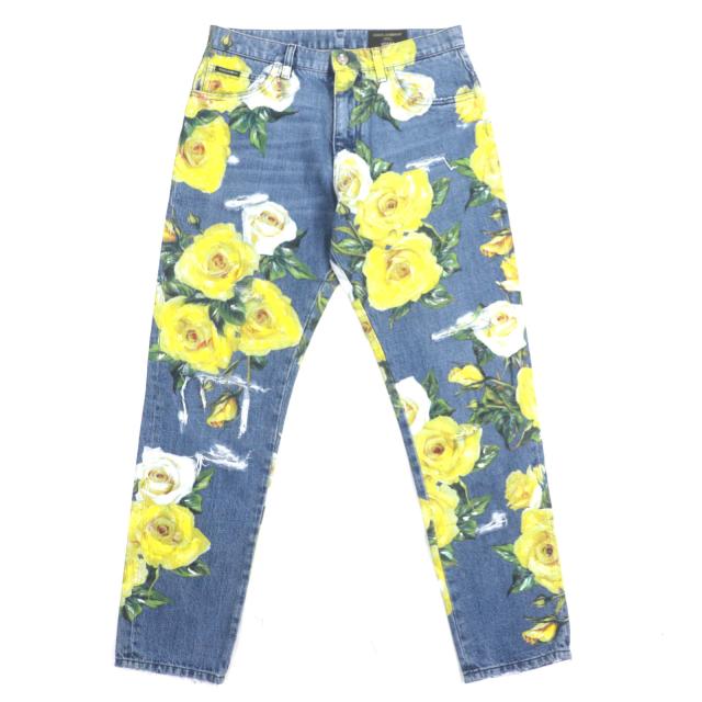 極美品▼DOLCE&GABBANA ドルチェ＆ガッバーナ LOOSE 黒タグ フローラル柄 ダメージ加工 レザーパッチ付き デニムパンツ 44 正規品 メンズ