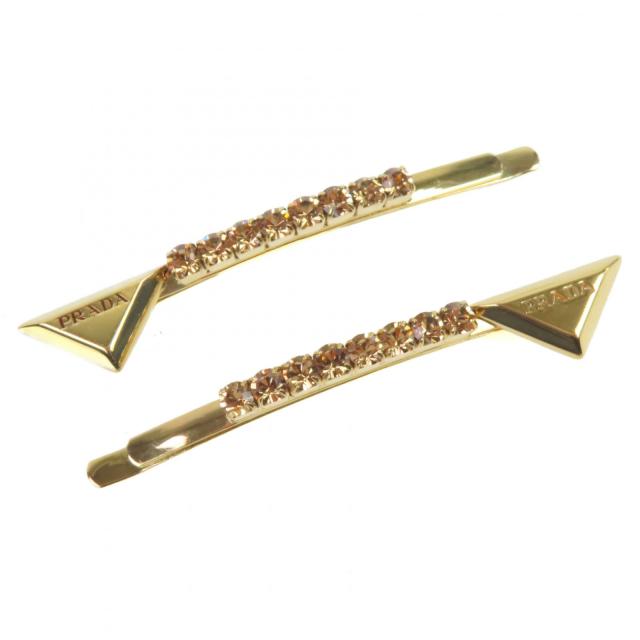 良品◇PRADA プラダ 1IF098 トライアングルロゴ ラインストーン装飾付 GP ヘアピン 2個セット ヘアアクセサリー 保存袋付き 伊製 現行品