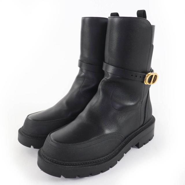 極美品☆Christian Dior クリスチャンディオール DIOR EMPREINTE ディオール アンプラント CDロゴ金具付 レザー ショートブーツ 黒 36.5