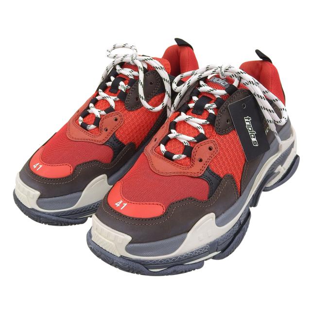 未使用品▲BALENCIAGA バレンシアガ 516440 トリプルS メッシュ ユーズド加工 レザー スニーカー レッド ブラック 41 箱・袋付き メンズ