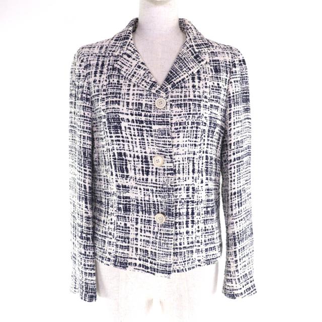 美品★PRADA プラダ 裏地シルク100％ ツイードジャケット シングルジャケット アウター ホワイト ネイビー 44 伊製 正規品 レディース