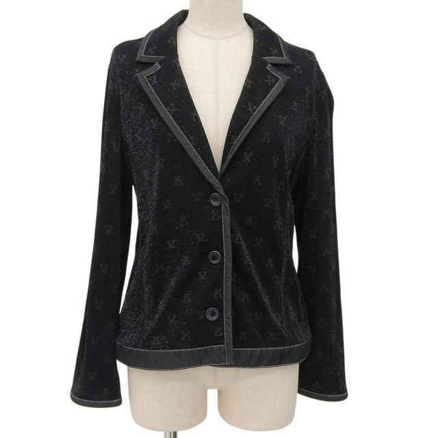 極美品▲LEONARD FASHION レオナール ファッション シルク混 ラメ ロゴ柄 ジャケット ブルゾン ブラック L 日本製 正規品 レディース