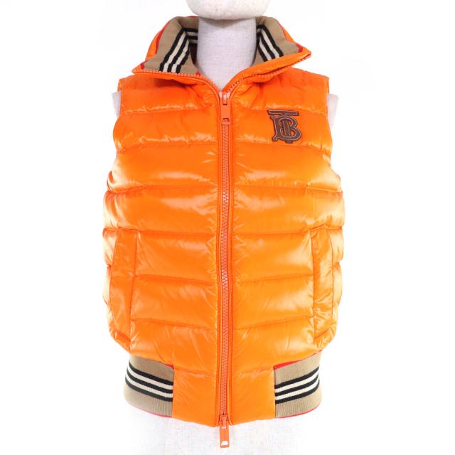 極美品☆BURBERRY バーバリー 8017289 ティッシ期 ロゴレザーパッチ付 ZIP UP ダウンベスト オレンジ XS 正規品 レディース