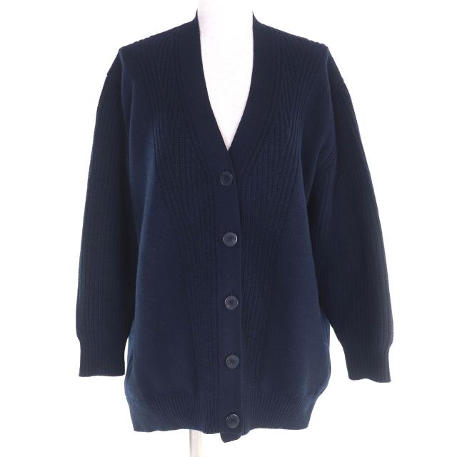 美品△HERMES エルメス カシミヤ コットン クルードセルボタン Vネック 長袖 ニット カーディガン ネイビー 36 英国製 正規品 レディース