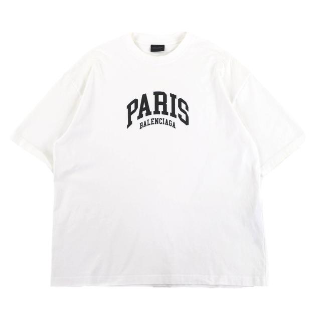 美品△BALENCIAGA バレンシアガ 2023年製 612966 コットン100％ CITIES PARIS ロゴ クルーネック 半袖Ｔシャツ ホワイト M 正規品 メンズ