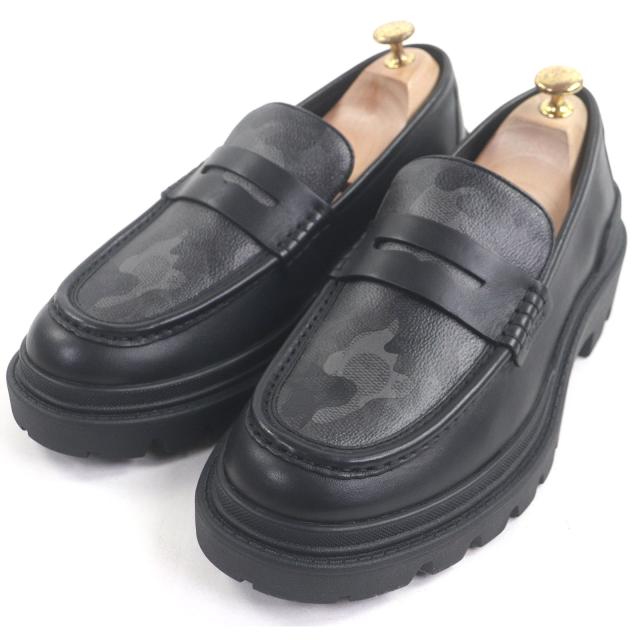 未使用品□COACH コーチ CAP33 プラットフォーム レザー カモフラ柄 厚底 ローファー モカシン フラットシューズ ブラック 8.5 箱付き