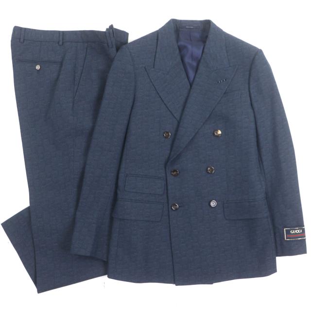 未使用品▼GUCCI グッチ 704187 ウール100% GGモチーフ ピークドラペル ダブルブレスト スーツ セットアップ ネイビー 44 正規品 メンズ