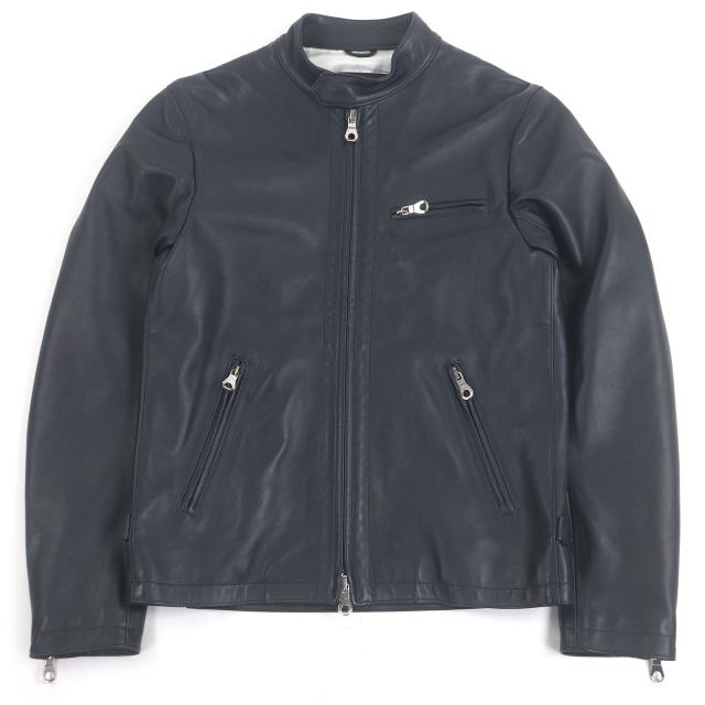 極美品□CINQUAΝΤΑ チンクアンタ H502 羊革 スタンドカラー シングルライダース レザージャケット ネイビー 44 イタリア製 正規品