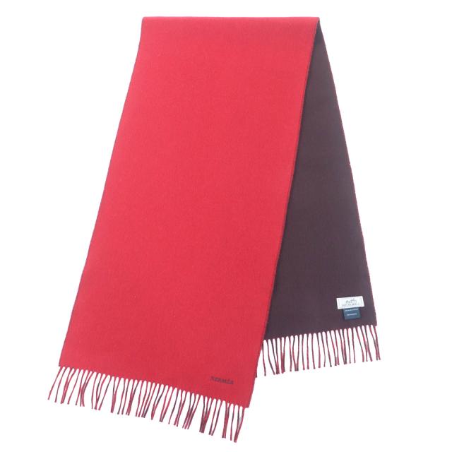 極美品◇HERMES エルメス カシミヤ100％ ロゴ刺繍 フリンジ付き マフラー ストール レッド ボルドー バイカラー 英国製 レディース