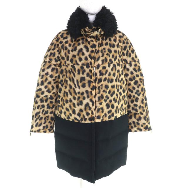 美品△MONCLER GAMME ROUGE モンクレール ガムルージュ FLAVIENNE ロゴ金具 ラムファー付き レオパードプリント ロングダウンコート 1