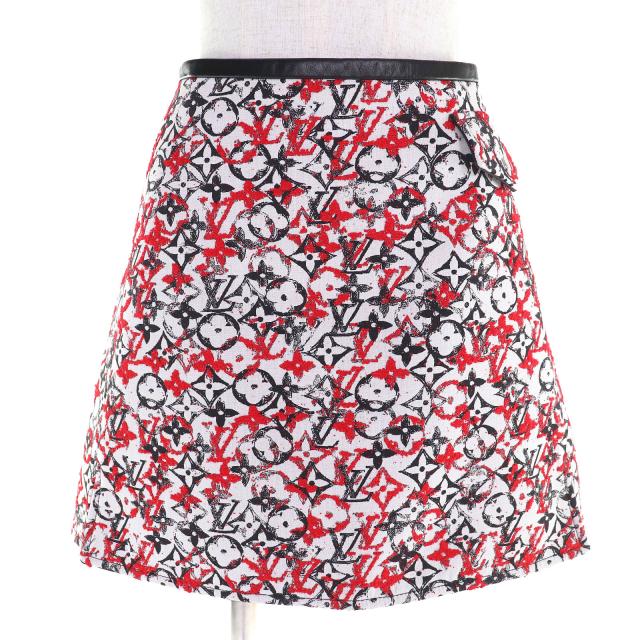 極美品△LOUIS VUITTON ルイヴィトン コットン モノグラム ジャカード レザートリム 台形型 ミニスカート レッド系 38 フランス製 正規品
