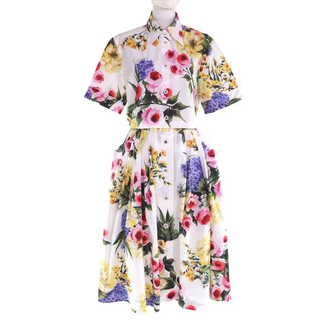 美品△DOLCE&GABBANA ドルチェ＆ガッバーナ 綿100％ 黒タグ フローラルプリント 半袖シャツ プリーツスカート セットアップ 40/38 正規品