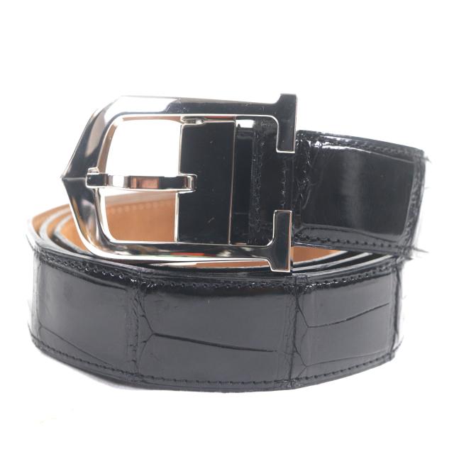 美品▼Cartier カルティエ Cアロンジェ クロコダイル ピンバックル レザーベルト ブラック シルバー金具 フランス製 メンズ