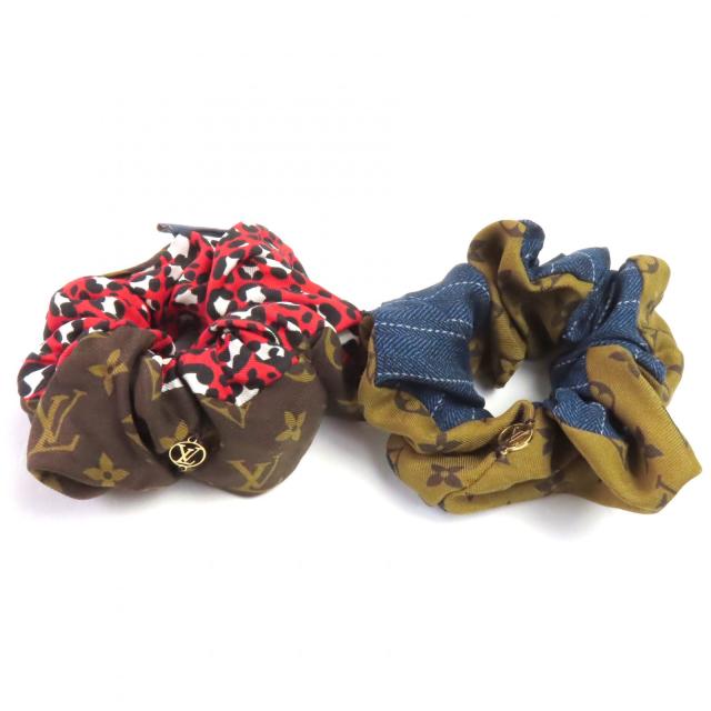 極美品◇LOUIS VUITTON ルイヴィトン M77011 シルク100％ LV金具付き ビーマインドフル モノグラム 2個セット シュシュ ヘアアクセサリー