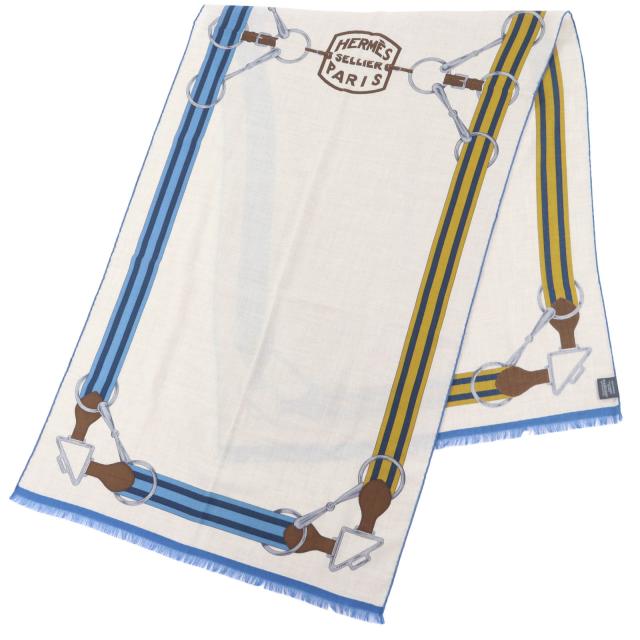 極美品◇HERMES エルメス レクタングル 63×180cm タッタソール カシミヤ ナチュラル/アズール/ムタルド ショール 定価178200円 現行品