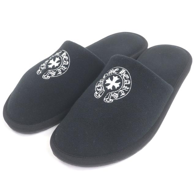 美品□CHROME HEARTS クロムハーツ HOTEL SLIPPER ホースシューロゴ エンブロイダリー パイル地 スリッパ ブラック L イタリア製 メンズ