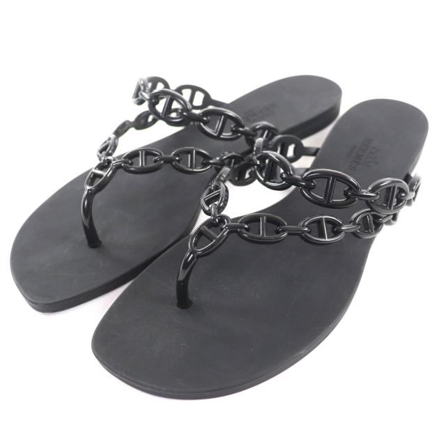 極美品◇HERMES エルメス アイランド シェーヌダンクル マルチストラップ ビーチサンダル フラットサンダル 黒 37 イタリア製 レディース