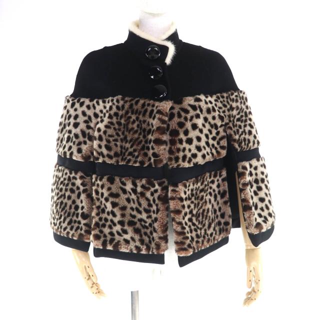 美品★LOUIS VUITTON ルイヴィトン カシミヤ100％ 襟元ミンクファー付 レオパード ポンチョ ブラック 34 フランス製 正規品 レディース
