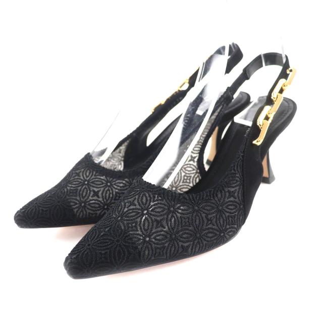 極美品★LOUIS VUITTON ルイヴィトン スパークルライン モノグラム レース チェーン スリングバック パンプス ブラック 36.5 イタリア製