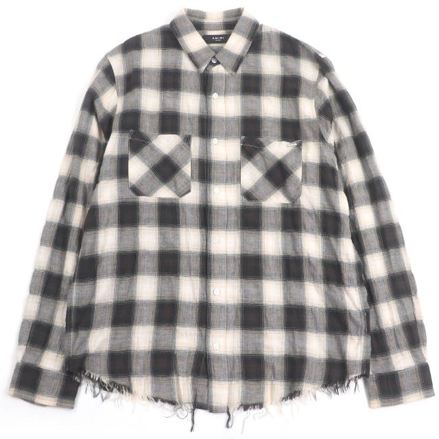 極美品□AMIRI アミリ コットン100％ チェック柄 ロゴプレート付き ダメージ加工 長袖シャツ アイボリー ブラック 48 USA製 メンズ