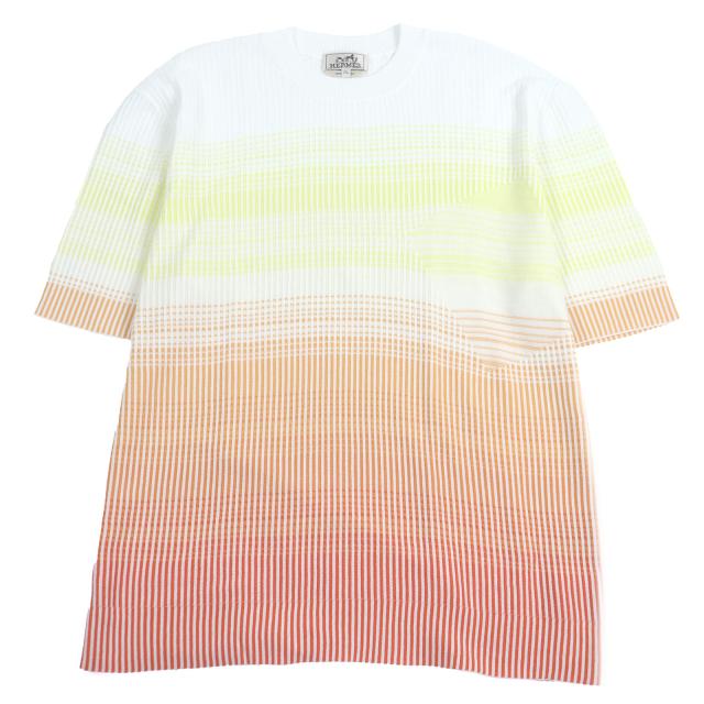 極美品□HERMES エルメス コットン100％ ボーダー柄 ショートスリーブ 半袖ニットカットソー ホワイト オレンジ系 XXL イタリア製 メンズ