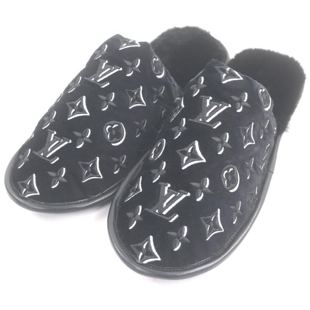 極美品□LOUIS VUITTON ルイヴィトン LVスイートライン ミンク レザー LVロゴ モノグラム 刺繍 ベルベッド スリッパ ブラック 41-42 伊製