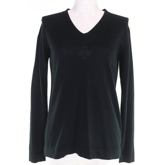 美品☆HERMES エルメス コットン シルク Hロゴ Vネック 長袖 ニット セーター トップス ブラック 34 イタリア製 正規品 レディース