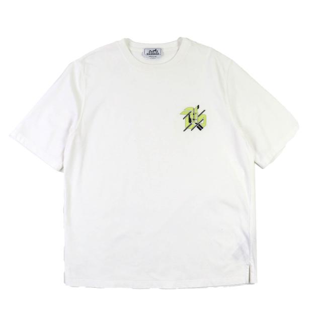 美品△HERMES エルメス 23SS 31-5766 コットン100％ レザーパッチ クルーネック 半袖Ｔシャツ ホワイト  S イタリア製 正規品 メンズ
