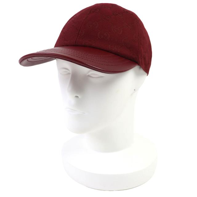 未使用△GUCCI グッチ 833272 GG Monogram Canvas Baseball Cap GGモノグラム レザー使い ベースボールキャップ 帽子 ボルドー L 正規品