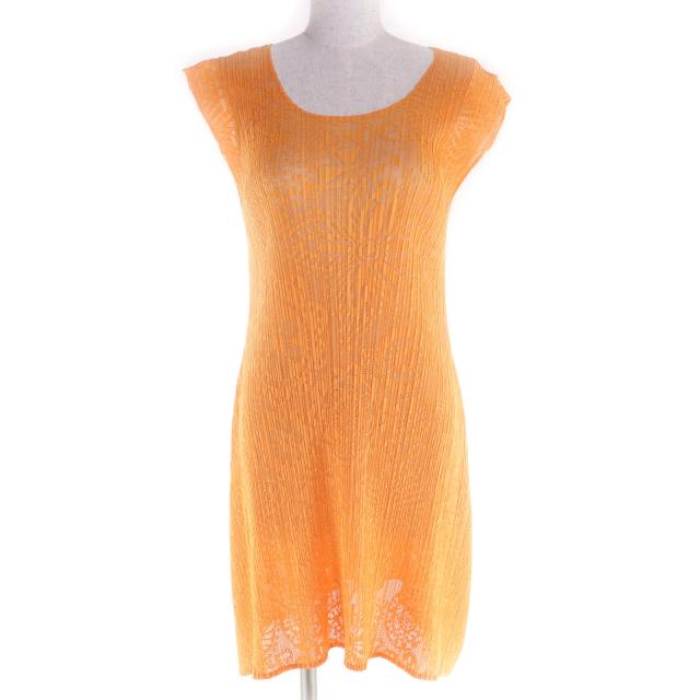 極美品★PLEATS PLEASE プリーツプリーズ イッセイミヤケ PP31-JT656 花柄 メッシュ Aライン ノースリーブ ワンピース オレンジ 3 正規品