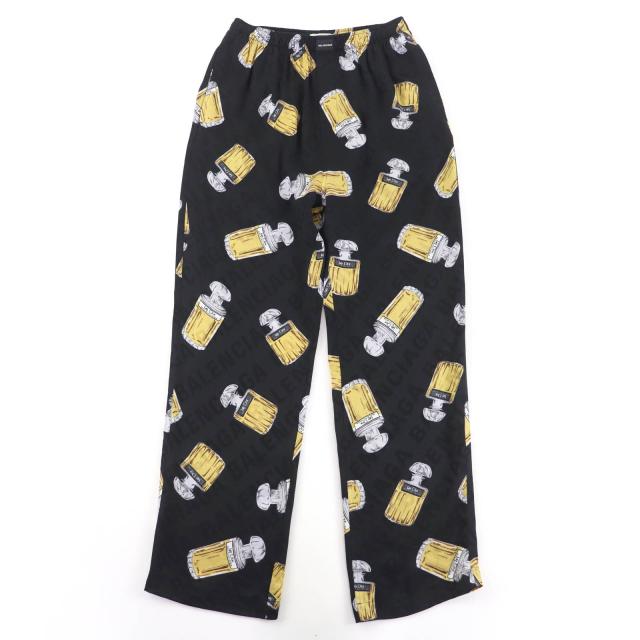極美品☆BALENCIAGA バレンシアガ 2020年製 595222 シルク100％ 香水 ロゴ総柄 パンツ ブラック 34 イタリア製 正規品 レディース
