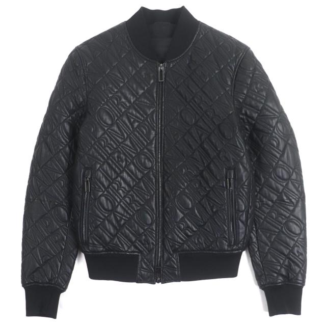 極美品▼EMPORIO ARMANI エンポリオ アルマーニ 黒タグ ロゴ総柄エンボス加工 WZIPUP ラムレザージャケット ブルゾン 44 正規品　メンズ