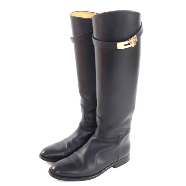 美品◇HERMES エルメス ゴールド金具 ケリーバックル レザー ジャンピング ロングブーツ 黒 36 箱・保存袋付き イタリア製 レディース