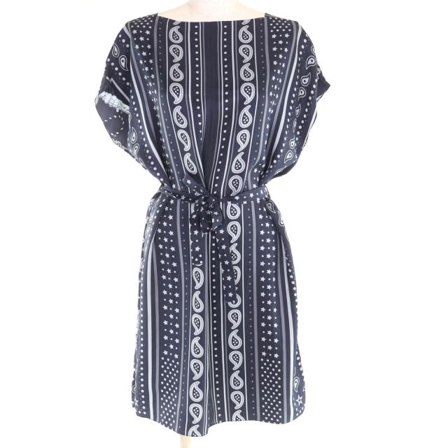 極美品◇HERMES エルメス 20AW LES CLES BANDANA シルク100％ ペイズリー・スター柄 ワンピース ダークネイビー 40 フランス製 正規品