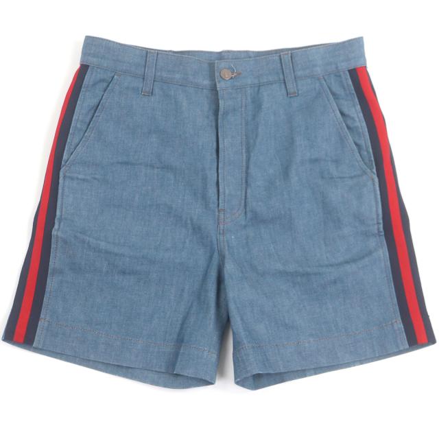 美品□GUCCI グッチ 418308 ロゴレザーパッチ サイドウェブライン ショートパンツ インディゴブルー 32 イタリア製 正規品 メンズ