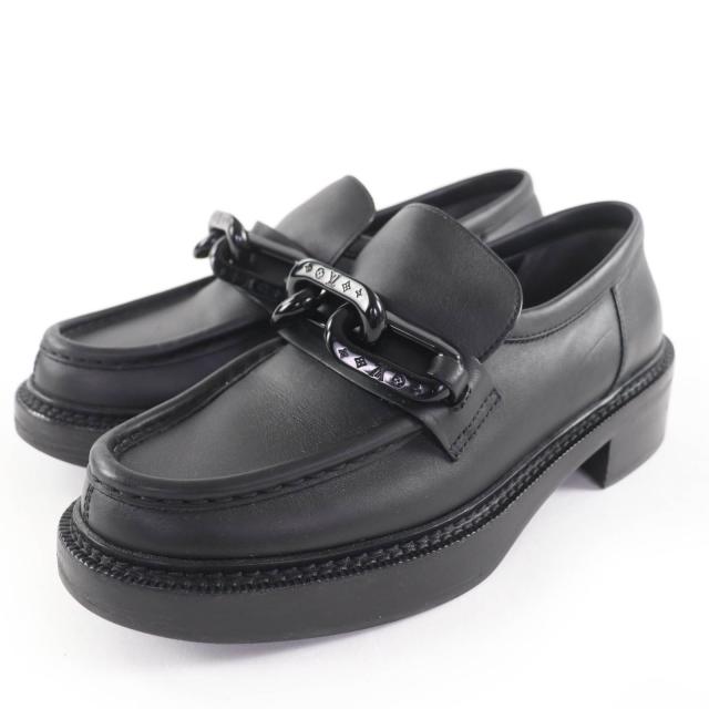 【ドンドン見直し】美品☆LOUIS VUITTON ルイヴィトン アカデミー・ライン LVロゴ レザー ローファー ブラック 39 イタリア製 レディース