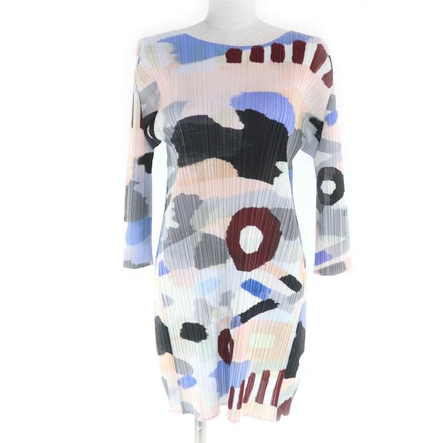 極美品★PLEATS PLEASE プリーツプリーズ イッセイミヤケ PP61-JT604 総柄プリント クルーネック 七分袖 ワンピース マルチ 3 正規品