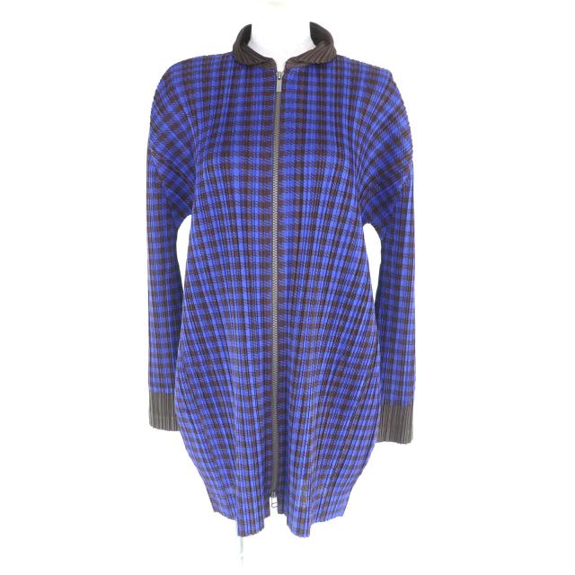 極美品★PLEATS PLEASE プリーツプリーズ イッセイミヤケ PP43-JA691 千鳥柄 ZIP UP プリーツ ジャケット ブルー ブラウン 3 正規品