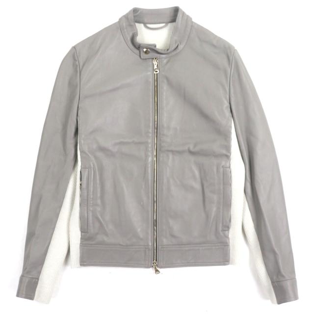 美品▼EMMETI エンメティ GIAPPONE-250 ラムレザー ウール ニット切替 WZIPUP シングル ライダースジャケット グレー 44 正規品 メンズ