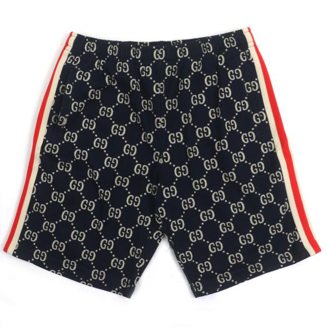 極美品▼GUCCI グッチ 474632 コットン100% GGジャガード サイドライン ハーフパンツ ショートパンツ ネイビー L 伊製 正規品 メンズ