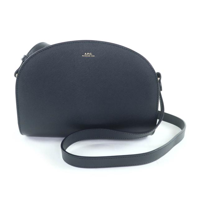 美品★A.P.C. アーペーセー ロゴ入り ハーフムーン レザー ショルダーバッグ 鞄 ダークネイビー 保存袋付き レディース