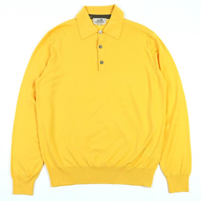 美品△HERMES エルメス 21AW 12-5725 ウール100％ 長袖 ニット ポロシャツ ニットポロ イエロー M イタリア製 正規品 メンズ
