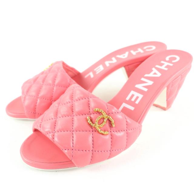 極美品☆CHANEL シャネル G38820 ココマーク レザー マトラッセサンダル ミュール ピンク ゴールド金具 37 イタリア製 レディース