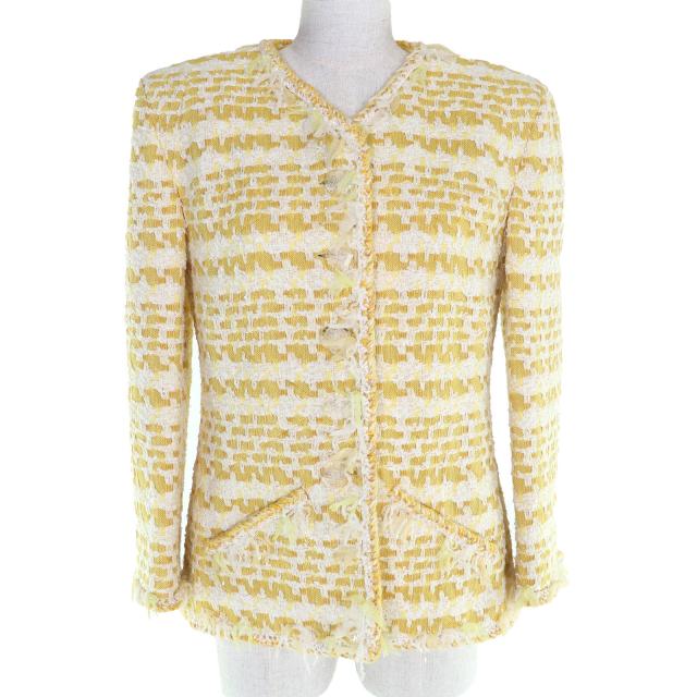 極美品△CHANEL シャネル 18S P58787 コットン ウール ココマーククリアボタン ツイード ノーカラージャケット イエロー系 36 仏製 正規品