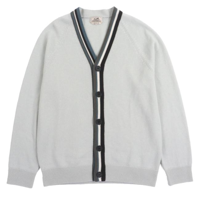 未使用品▼HERMES エルメス 23AW カシミヤ100% Vネック ライン入り ニット カーディガン ライトブルー XL イタリア製 正規品 メンズ