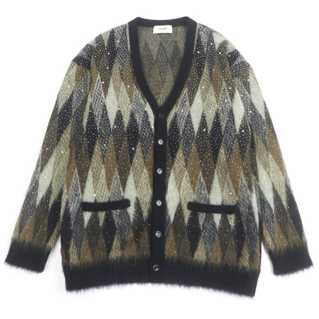 極美品□CELINE セリーヌ 2AA48606S ブラッシュド モヘアエンブロイダリー アーガイル ビジュー カーディガン グリーン XL 伊製 正規品