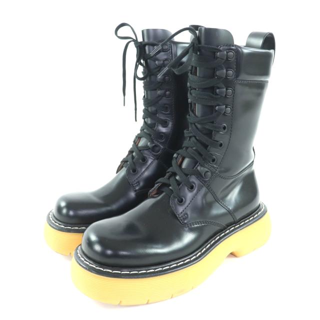 美品◇BOTTEGAVENETA ボッテガヴェネタ レースアップ バウンス bounce ミドル丈 レザー ブーツ ブラック 37.5 イタリア製 レディース