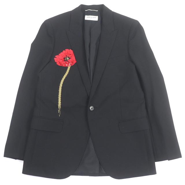 極美品□サンローランパリ 2014年製 372157 裏シルク100％ エディ期 フラワー ビジュー スモーキングジャケット ブラック 46 イタリア製