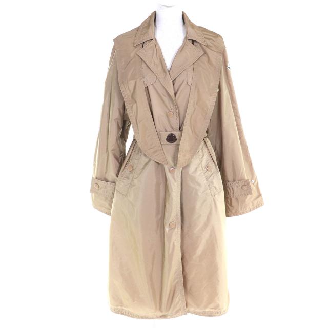 極美品△MONCLER モンクレール 20C P62686 VANILLE  ロゴワッペン フード・ベルト付き ロング コート ベージュ 1 正規品 レディース