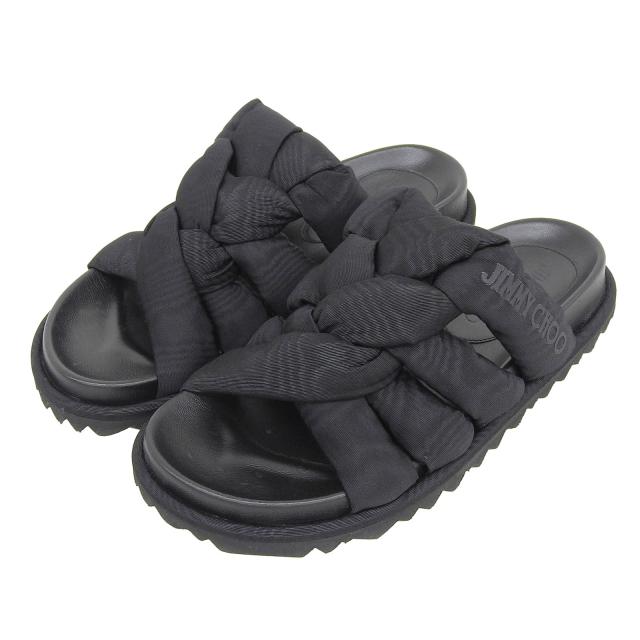 美品▲JIMMY CHOO ジミーチュウ ケス ラバーロゴ付き ファブリック フラット サンダル ブラック 35 保存袋付き スペイン製 レディース